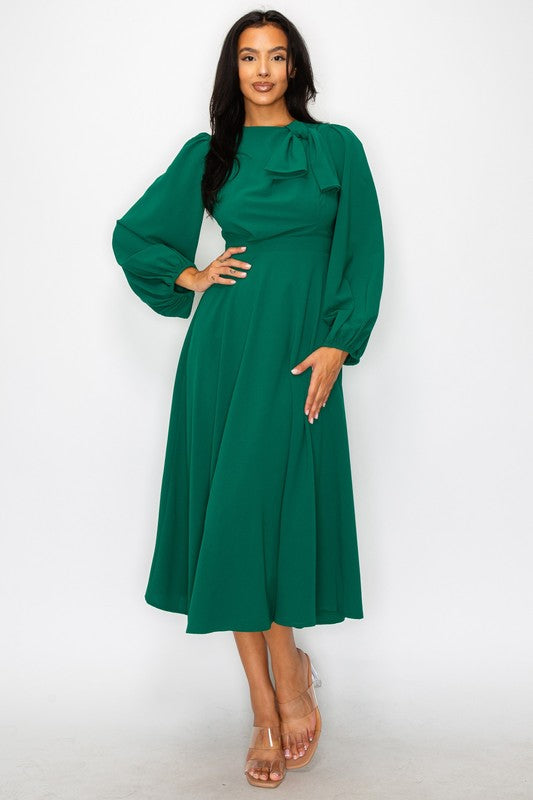 Kelly Green Solid Long Sleeve Midi Dress With Neck Detail – Aquarius Brand