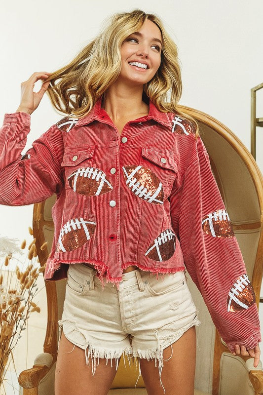 Red Football Sequin Embroidery Washed Corduroy Jacket – Aquarius Brand