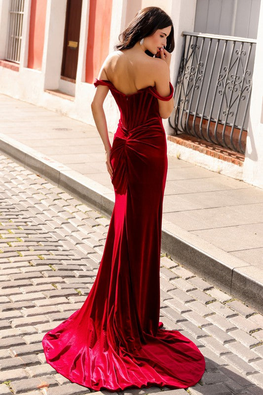Ruby Off Shoulder Bustier Wrap Slit Velvet Gown – Aquarius Brand