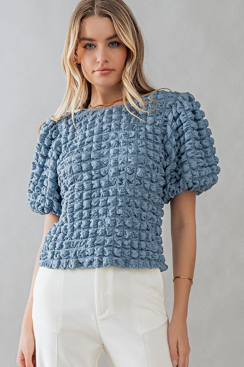 Dusty Blue Short Sleeve Bubble Texture Top – Aquarius Brand
