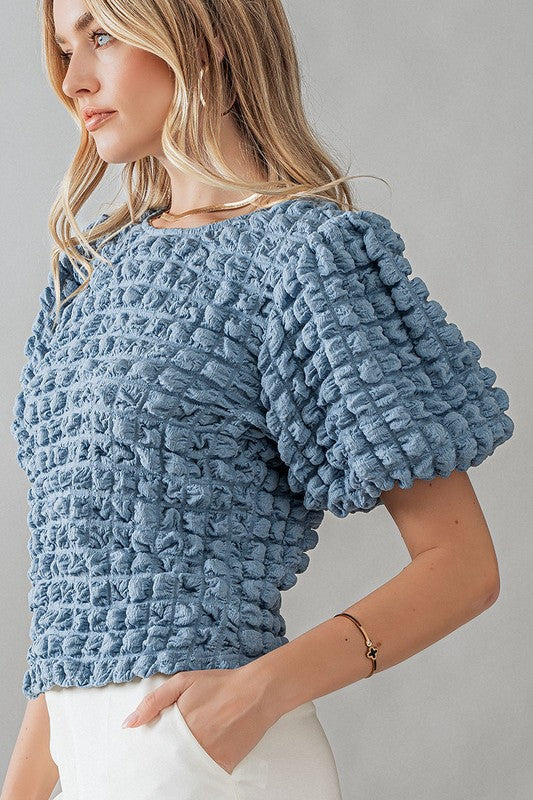 Dusty Blue Short Sleeve Bubble Texture Top – Aquarius Brand