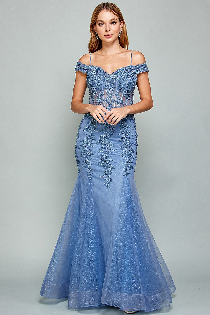 Slate Blue Lace Embellished Off the Shoulder Fit & Flare Prom Gown Wit ...