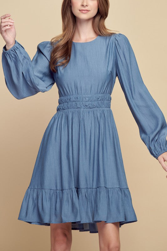 Denim Blue Lace Up Back Puff Sleeve Crinkled Dress – Aquarius Brand
