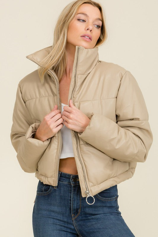 Taupe Faux Leather Long Sleeve Fluffy Puffer Jackets – Aquarius Brand